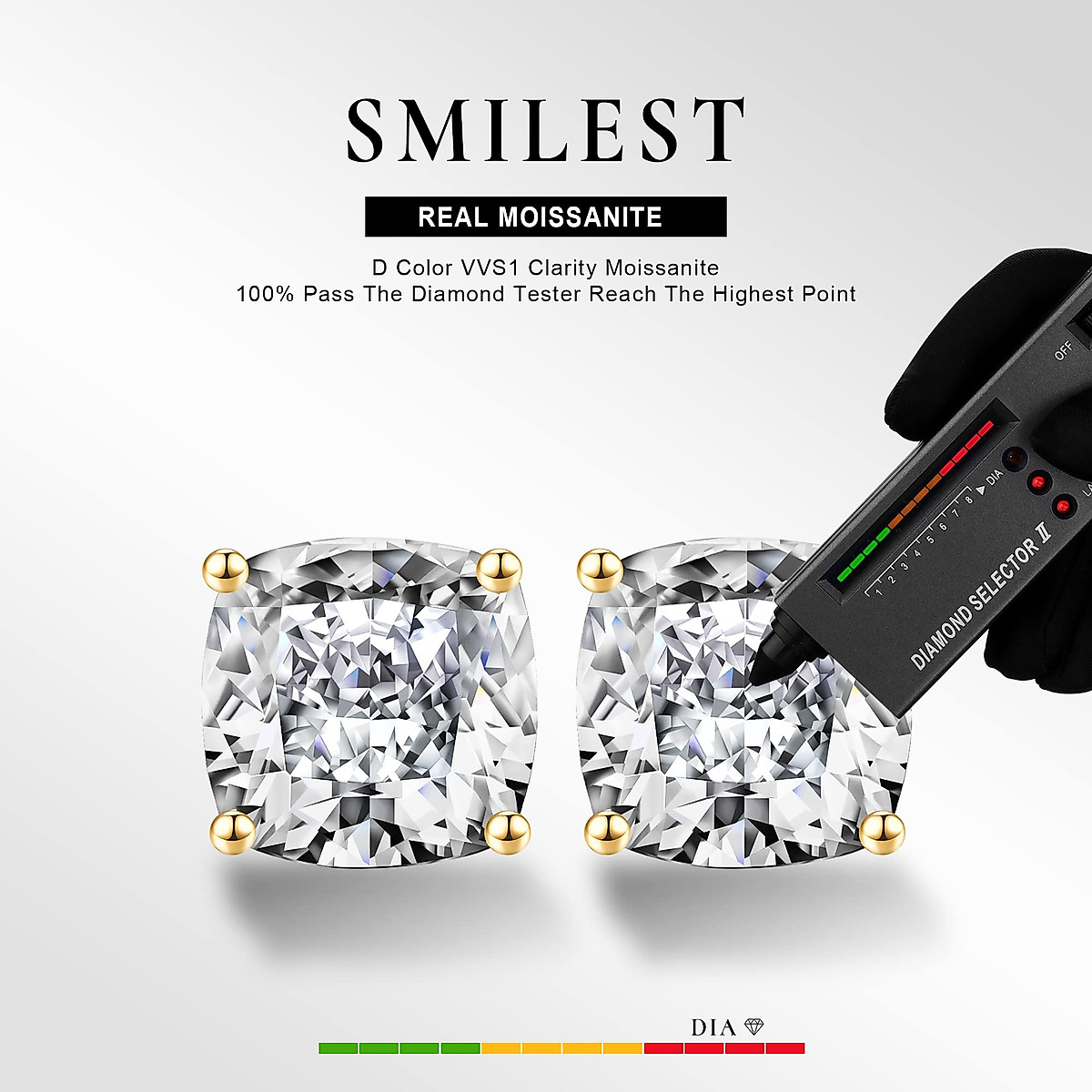 SMILEST 1 ct Moissanite Stud Earrings for Men Women, D Color VVS1 Clarity Cushion Cut Simulated Diamond Earrings 18K Yellow Gold Vermeil 925 Sterling Silver Moissanite Earrings for Men Women Gifts