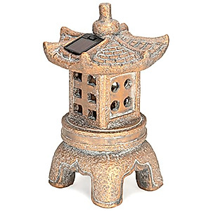 Red Co. 11” Solar-Powered LED Square Pagoda Lantern Asian Décor Zen Garden Statue, Distressed Gold