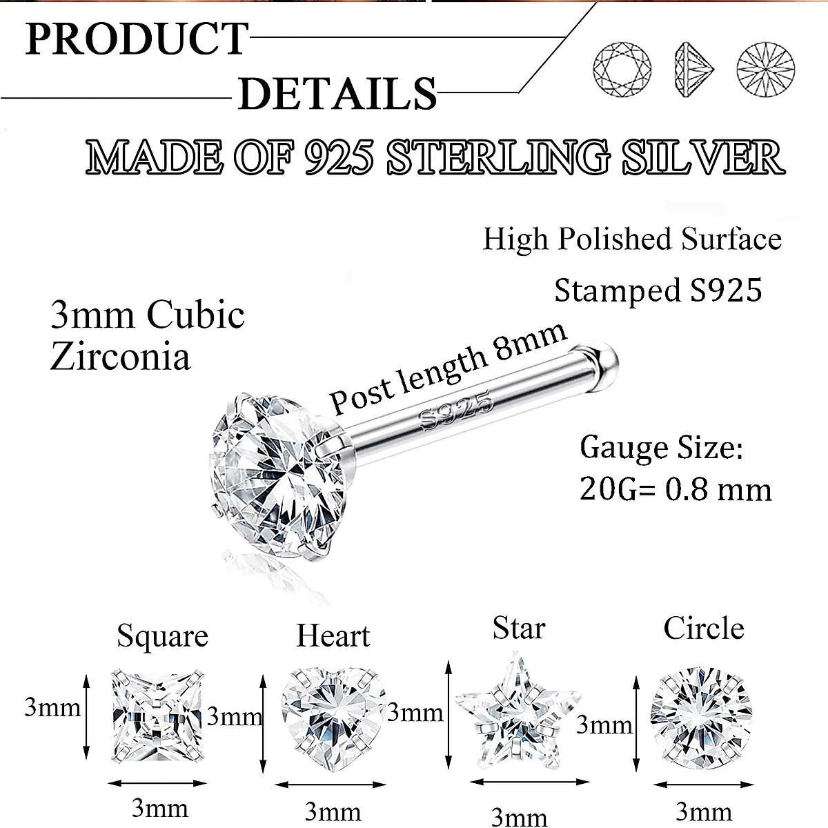 Sllaiss 8Pcs 20G Sterling Silver Nose Rings Studs for Women Assorted Shapes CZ Nose Studs Set Nose Piercing Jewelry