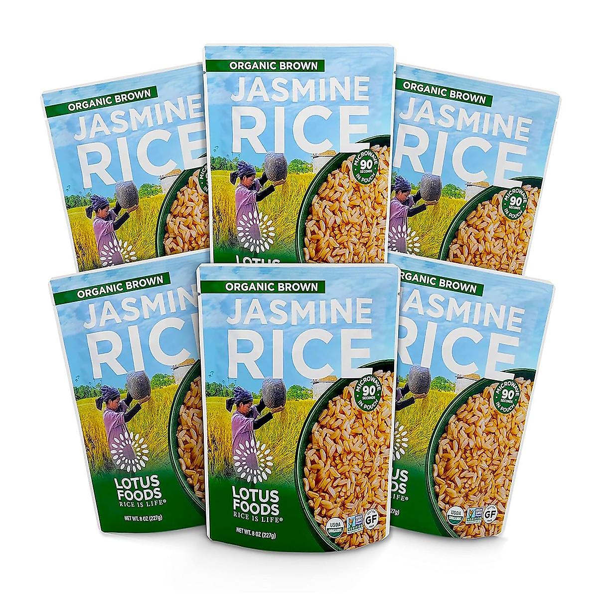 Lotus Foods Organic Brown Jasmine Rice Heat & Eat Pouch - Jasmine Rice, Gluten Free Brown Rice, Organic Rice, Instant Microwave Pre Cooked Rice, USDA Organic - 8 Oz Pouches (Pack of 6)