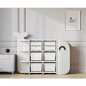 CHORBEYCH Kids 3 Layer Toy Storage Organizer with Display Bookshelves and 6 Pull-Out Storage Bins,Multipurpose Toy for Kids Bedrooms Playrooms for Age 1-12, Cute Whale(White Grey (3 * 3)