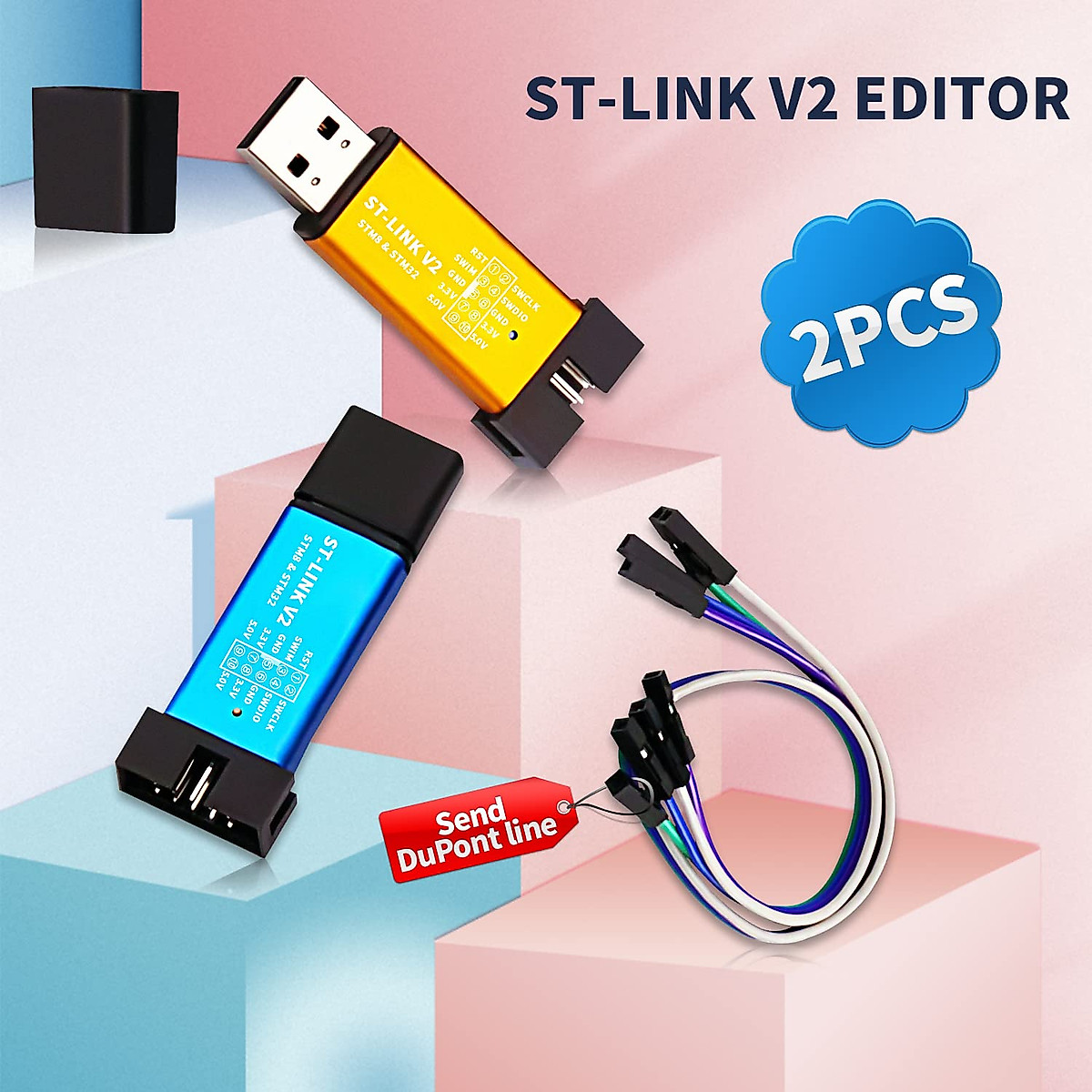 V TELESKY 2Pcs ST-Link V2 USB Programmer Support Programming Unit STM8 STM32 Editor with Cable (Random Color)