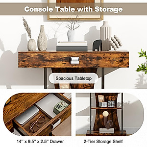 KOTEK Console Table with Storage Drawer & Shelves, 3-Tier Narrow Sofa Table, Behind Couch Table, Modern Foyer Table, Small Entryway Table for Living Room, Hallway (Rustic Brown)