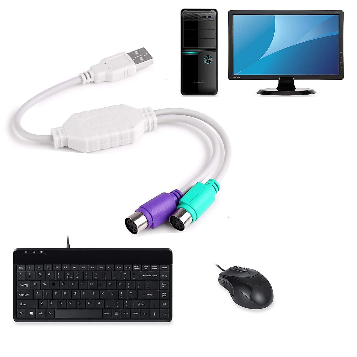 traderplus 2-Pack Dual PS/2 to USB Adapter for PS/2 Port Mouse and Keyboard, Male to Female Cable