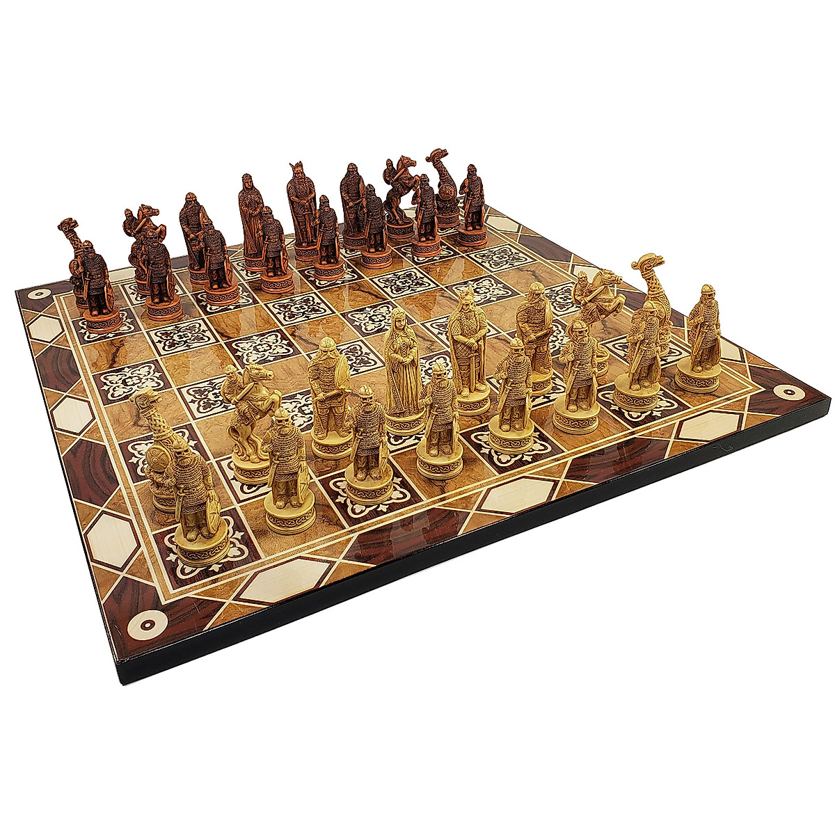 Antique Ivory & Brown Norse Viking Chess Set with 17" Burlwood Color Board