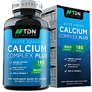 Calcium and Vitamin D Supplement - 180 Tablets - High Strength 1000mg Calcium Complex with Vitamin D3 Plus, Magnesium, Zinc and Vitamin C - Supports Bones, Cartilage and Muscle - Osteo Supplements