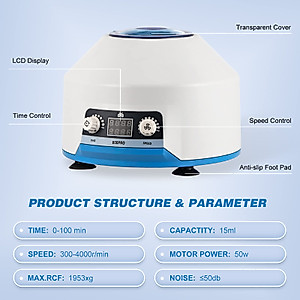Mxmoonant Centrifuge Machine, 15mlX6 Lab Benchtop PRP Centrifuges, 4000RPM Electric Desktop Centrifuge with LCD Digital Display, Time & Speed Control 110V White