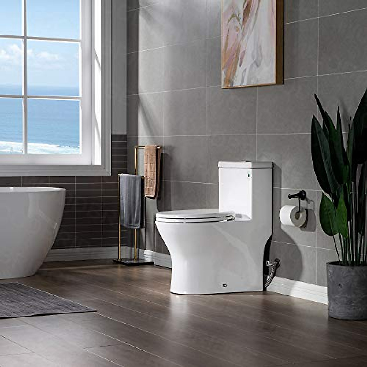 WOODBRIDGE Short Compact Tiny Dual Flush 1.28 GP One Piece Toilet,with Soft Closing Seat,1000 Gram MaP Flushing Score Small Toilet with Brushed Nickel Button B0500-BN, White