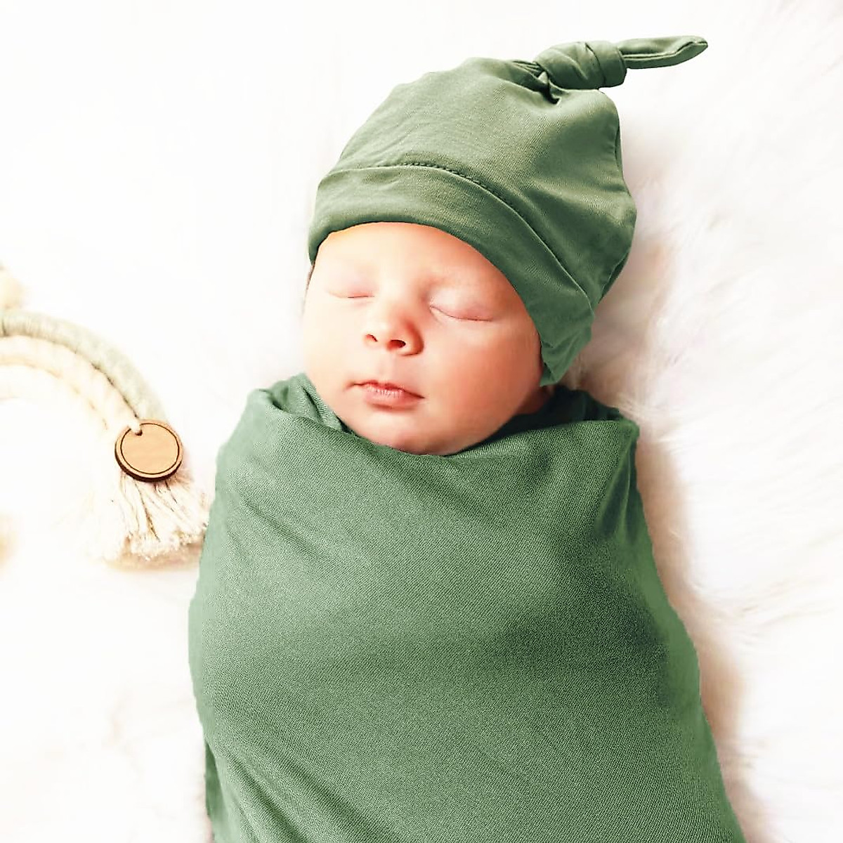 Aijoviko Newborn Swaddle Blanket with Hat Set Baby Swaddle Set Hospital Receiving Blankets for Girls Boys(Olive,35"*35")