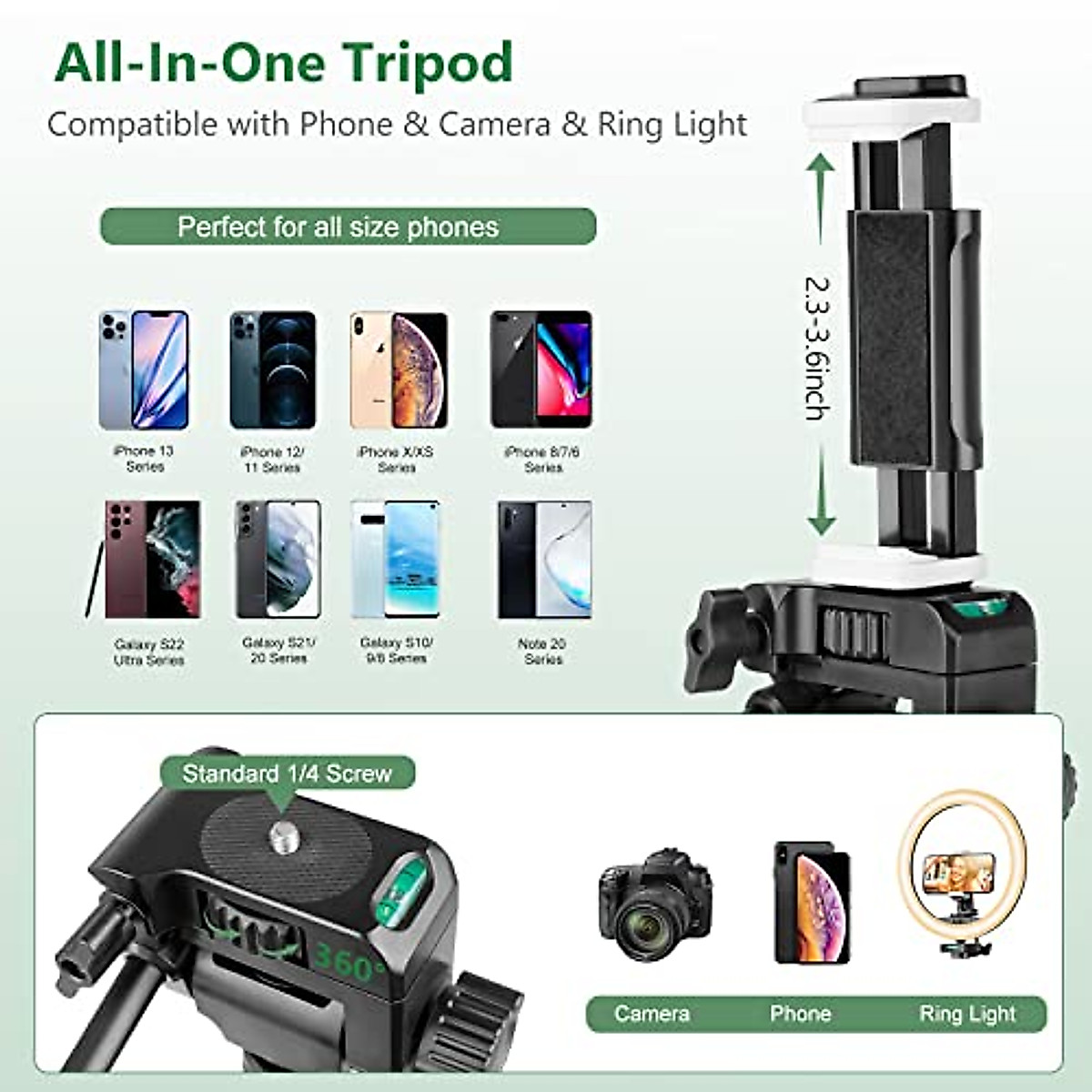 Torjim 62" Phone Tripod, 𝗦𝘁𝘂𝗿𝗱𝘆 & 𝗣𝗼𝗿𝘁𝗮𝗯𝗹𝗲 iPhone Tripod Stand with Remote, Compatible with iPhone/Android/Sport Camera Perfect for Video Recording/Live Stream/Vlogging/Selfies