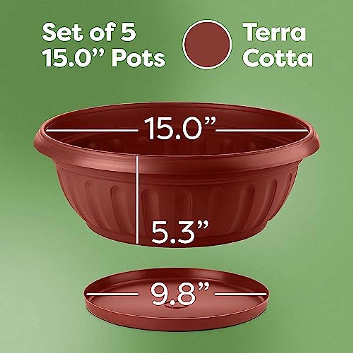 KameL Plant Pots Set of 5 | 15 Inches Garden Bowl Planter | Wide Shallow Planter Best for Outdoor and Indoor Use | Extra-Large Plastic Terracotta Color Flower Pots | w/ 10 Inches Plant Saucers
