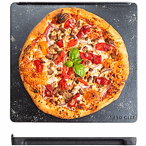 NerdChef Speed Steel - High Performance Pizza Baking Stone | Integrated Backstop & Handles | Heating Fins (13.5" x 14.5" x .90" Thick)