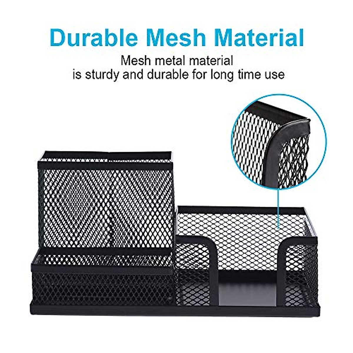 Comix Mesh Pen Pencil Holder with Post It Note Holders Desk Organizer, 3 Compartment Wire Desktop Pen Pencil Cup Caddy Office Supplies Accessories for Home Office School, Black