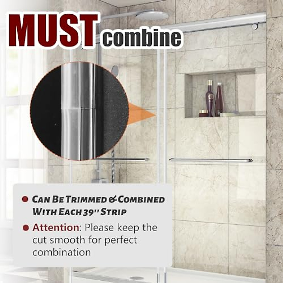 KOLAKO Shower Door Seal, 3 Pack x 39Inch Glass Shower Door Sweep for 3/8Inch Frameless Shower Door Side Seal U-Type Door Seal Strips Waterproof Door Sealing Jam Stop Leak