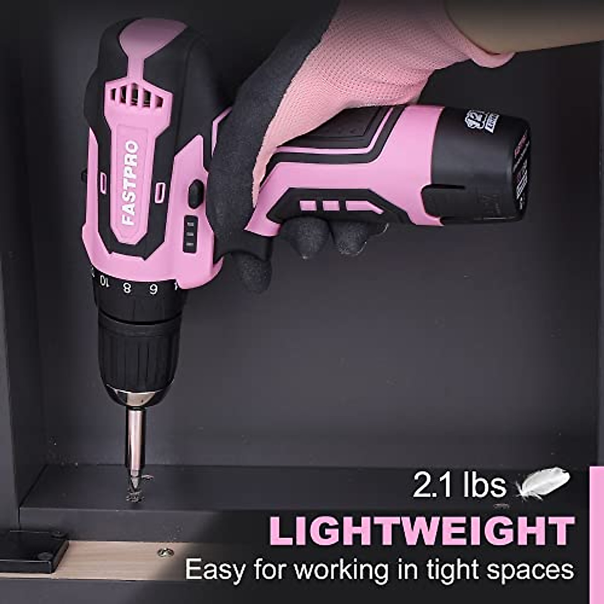 FASTPRO 42-Piece 12V Pink Drill kit, Lithium-ion Cordless Drill Driver, 3/8 in. Drill Driver Set with One 1.5 Ah Batteries, Charger and Tool Bag