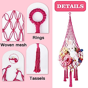 Stuffed Animal Net or Hammock Handmade Large Macrame Toy Display Hammock Organizer for Corners, Walls and Ceiling Hanging Plushie Net Toys Holder for Kids Room Boho Storage(Rose Red