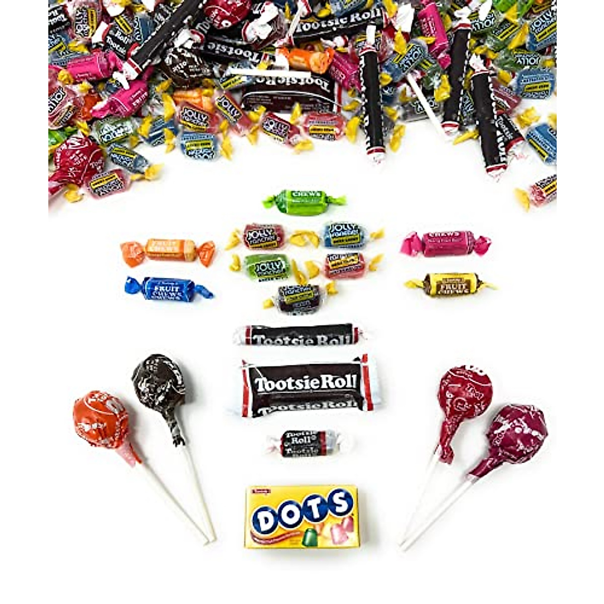 Assorted Bulk American Candy 6 Lb Jolly Hard Candy Mix and Tootsie Rolls Juniors Tootsie Snack Bars Tootsie Mini Dots Tootsie Pops Fruit Rolls 100+ Ct (96 Oz)