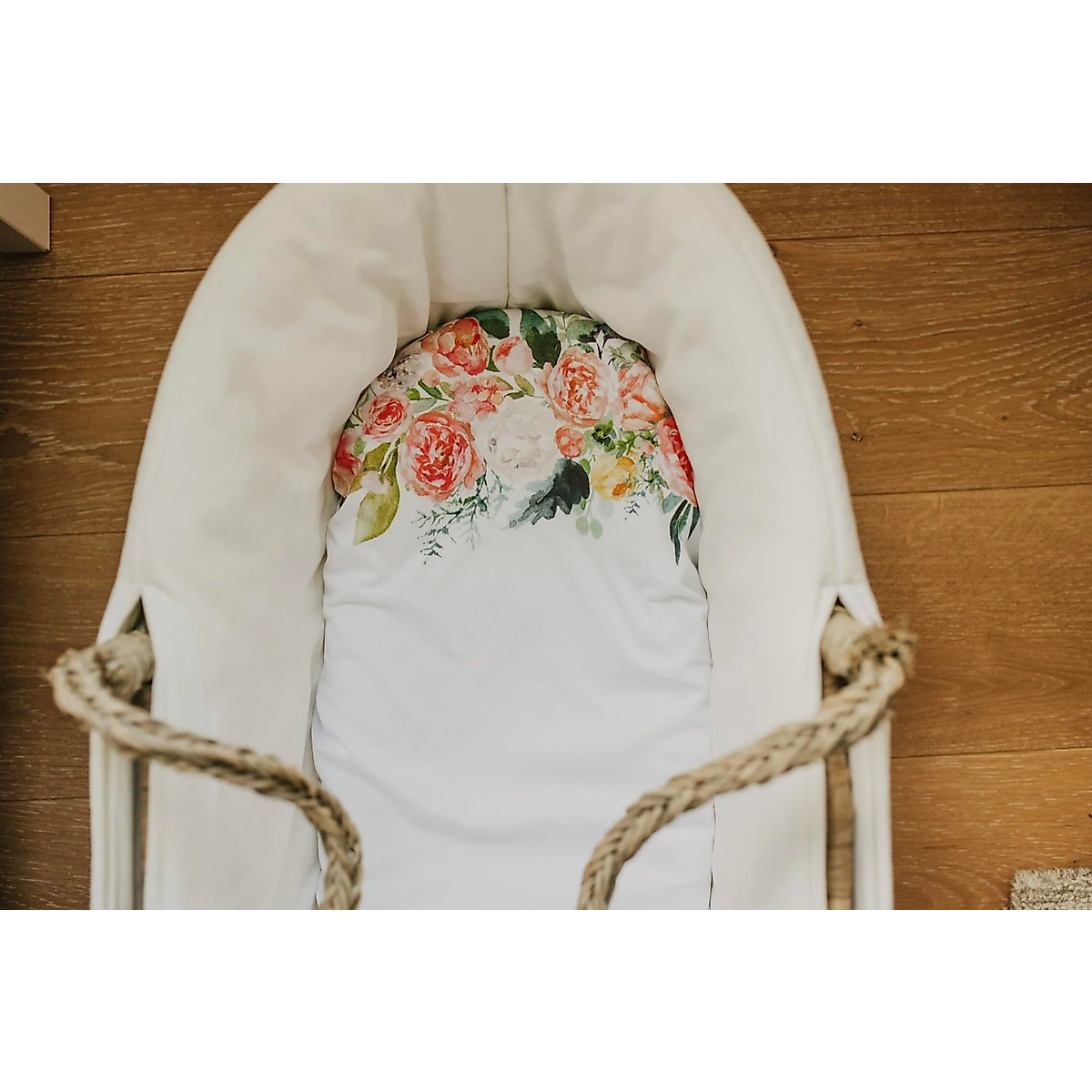 NODNAL CO. Pink Floral Bassinet Fitted Sheet - 100% Cotton for Baby Girl - Peony and Eucalyptus Flowers Universal Fitted Cover Sheets (Pink Floral Border)