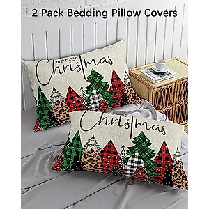 Christmas Tree Pillow Covers Standard Size Set of 2 Bed Pillow, Farmhouse Buffalo Plaid Winter Snowflake Plush Soft Comfort for Hair/ Skin Cooling Pillowcases with Envelop Closure 20x26 Inches