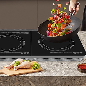 Double Induction Cooktop,1500W/1800W Portable Electric Stove,2 Large 8” Heating Coils,Independent Control,8/10 Temperature & Power Levels,3-hour Timer, Safety Lock
