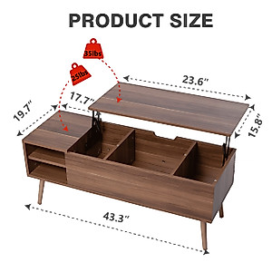 ARMCONE Lift Top Coffee Table with Storage, Mid Century Coffee Table for Living Room, Rustic Coffee Table Large Modern Wooden Table with Wood Legs, 41"x20"18", Walnut