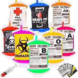 Blood Bag Drink Pouches; 12 FL Oz IV Bags with Labels and Clips for Halloween Vampire, Zombie, Nurse Graduation, Hospital Theme Party Favors, Props Decor