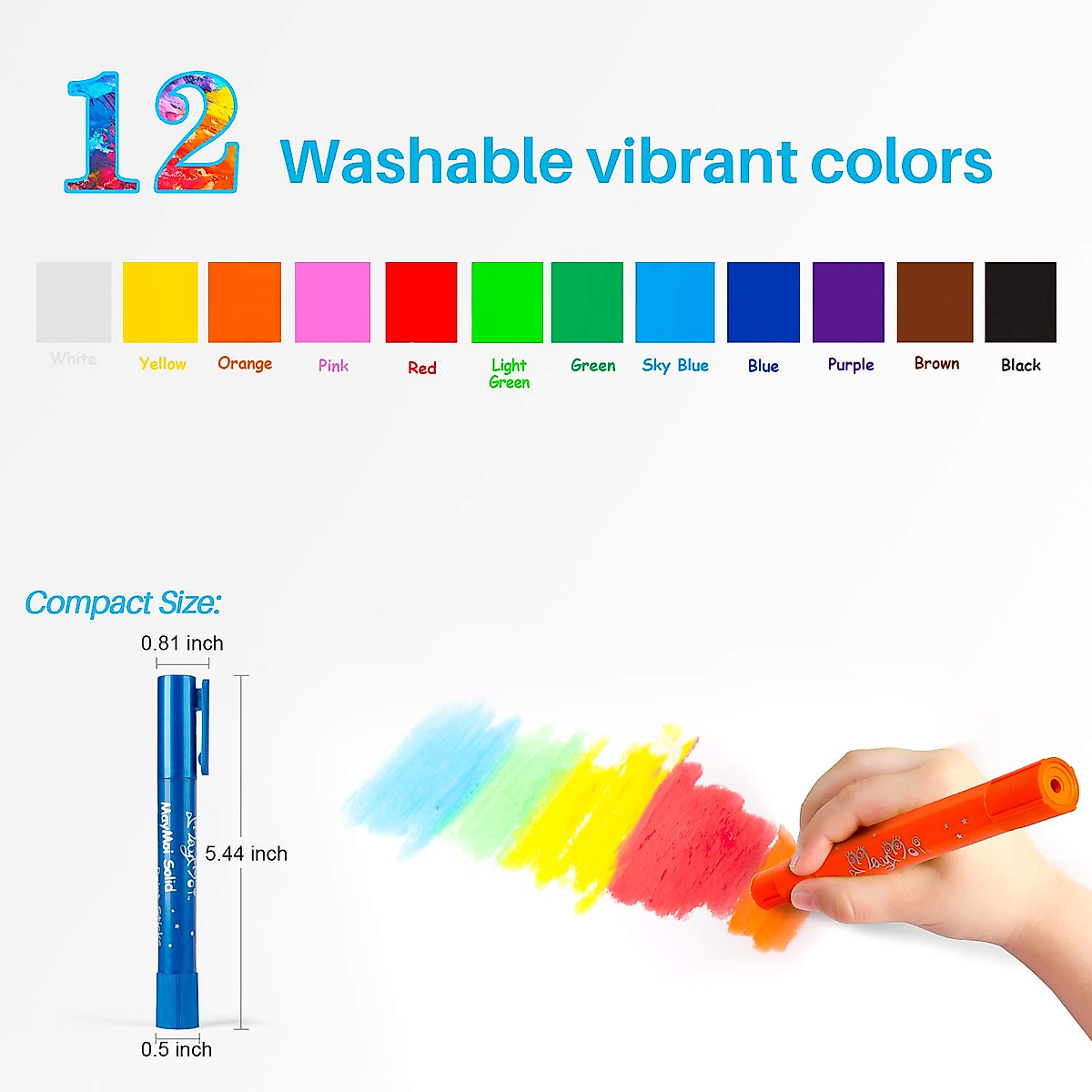MayMoi 12PCS Washable Tempera Paint Sticks | Non-Toxic, Quick Drying & No Mess Paint Sticks for Kids, 12 Bright Colors, Best Art Birthday Gifts for Kids (6g)