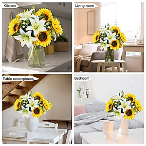 HUAESIN 11PCS Artificial Sunflower Bouquets Faux Flowers Bouquet with Realistic Lily Spring Silk Sunflowers Summer Floral Arrangements for Home Living Room Kitchen Table Centerpieces Party Decor
