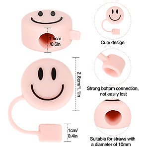 Whaline 6Pcs Smile Face Straw Covers Light Pink Double Sided Pattern Straw Tip Covers 0.4 Inch Silicone Reusable Round Straw Topper for 30 & 40 OZ Tumbler with Handle