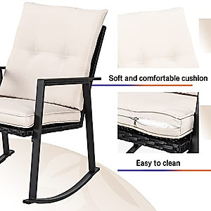 JAMFLY 3-Piece Patio Rocking Bistro Set, Outdoor Wicker Furniture Balcony Porch Chairs Conversation Sets with Glass Coffee Table (Beige)