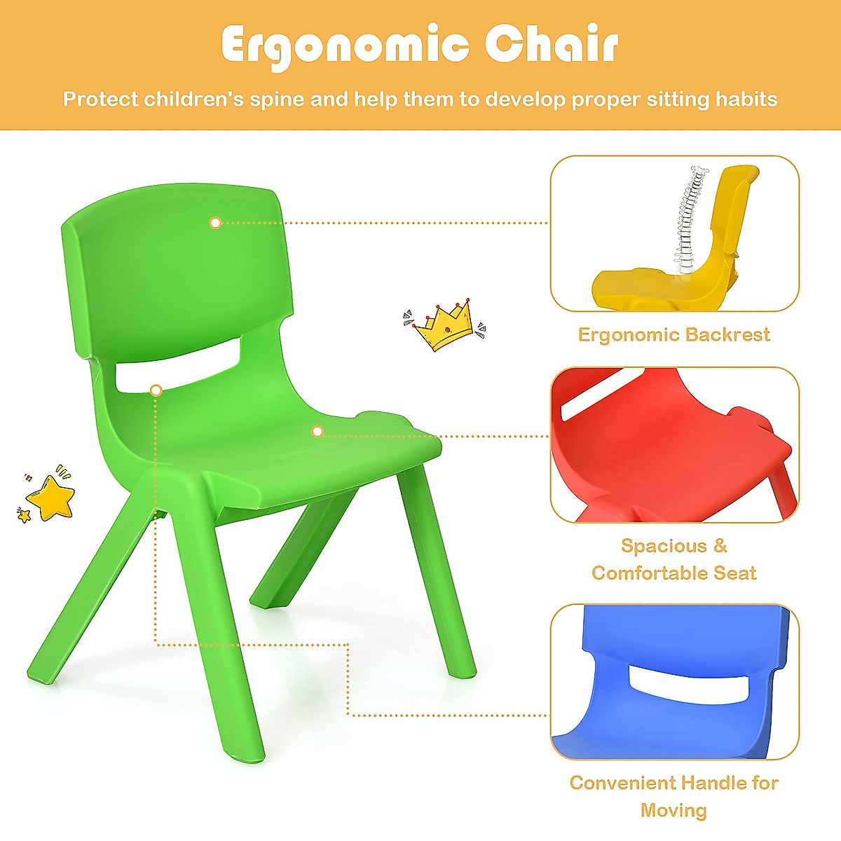 HONEY JOY Kids Table and 4 Chair Set, 48 x 24 Inch Children Rectangular Study Table w/Stackable Seats, 4 Pcs Plastic Activity Toddler Furniture Set for Playroom Daycare, Gift for Boys Girls (Colorful)