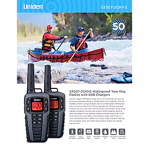 Uniden SX507-2CKHS Up to 50 Mile Range Two-Way Radio Walkie Talkies W/Dual Charging Cradle, Waterproof, Floats, 22 Channels, 142 Privacy Codes, NOAA Weather Scan + Alert, Includes 2 Headsets, Grey