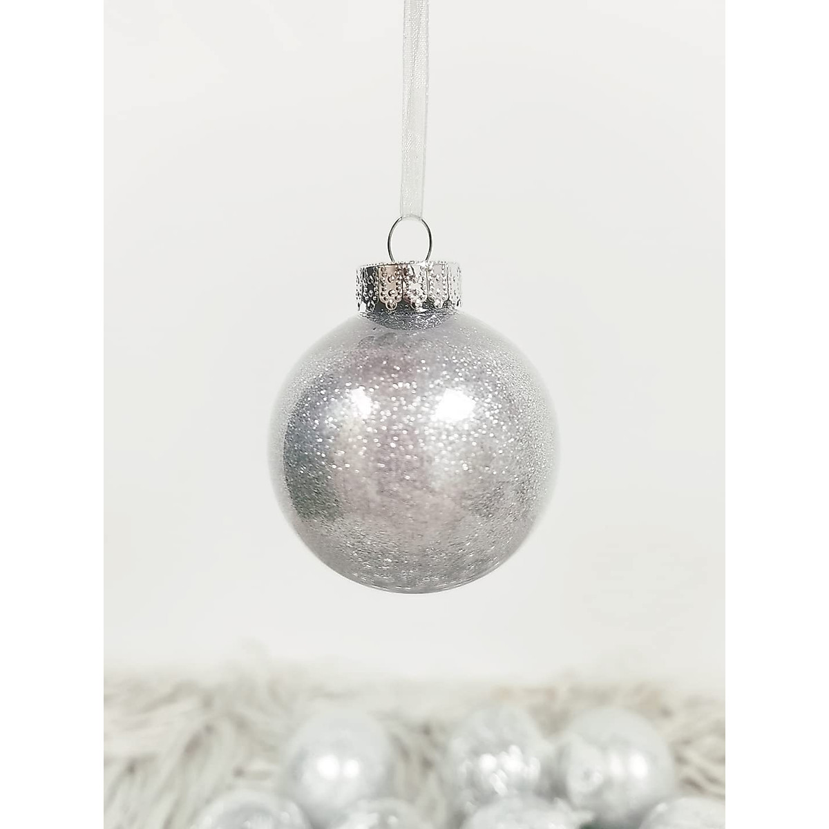 24ct 60mm/2.36" Glitter Christmas Balls Ornaments Shatterproof Clear Plastic Fillable Sphere Balls Ornaments for Xmas Tree Home Decoration (Silver)