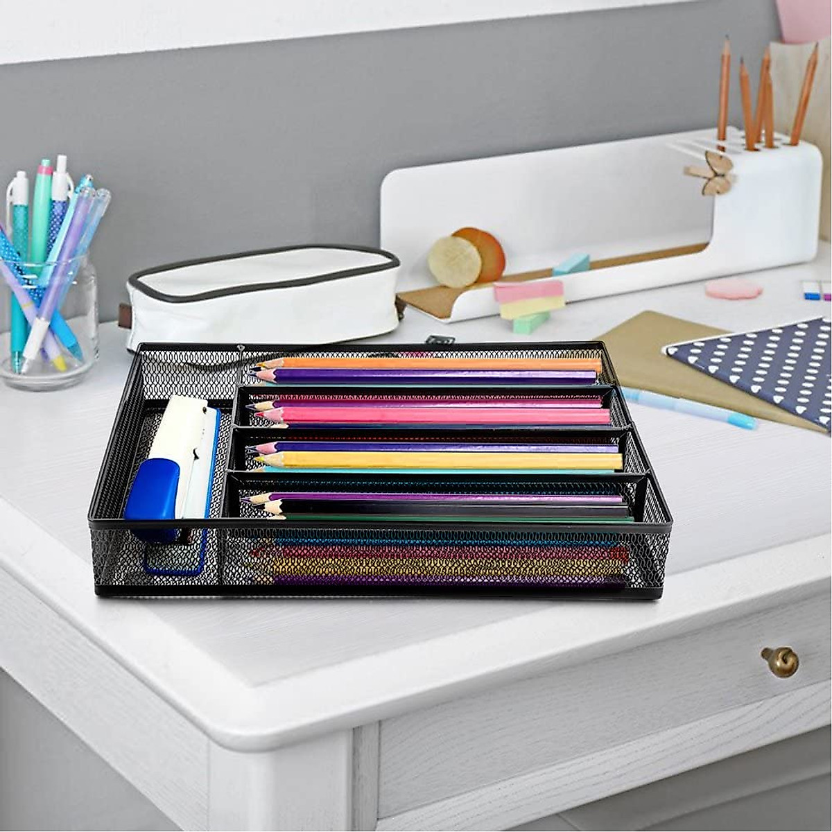 COSWE Silverware Tray for Drawer, Silverware Organizer, Metal Drawer Organizer Kitchen Utensils with Foam Feet Multi Compartments Cutlery Organizer in Drawer