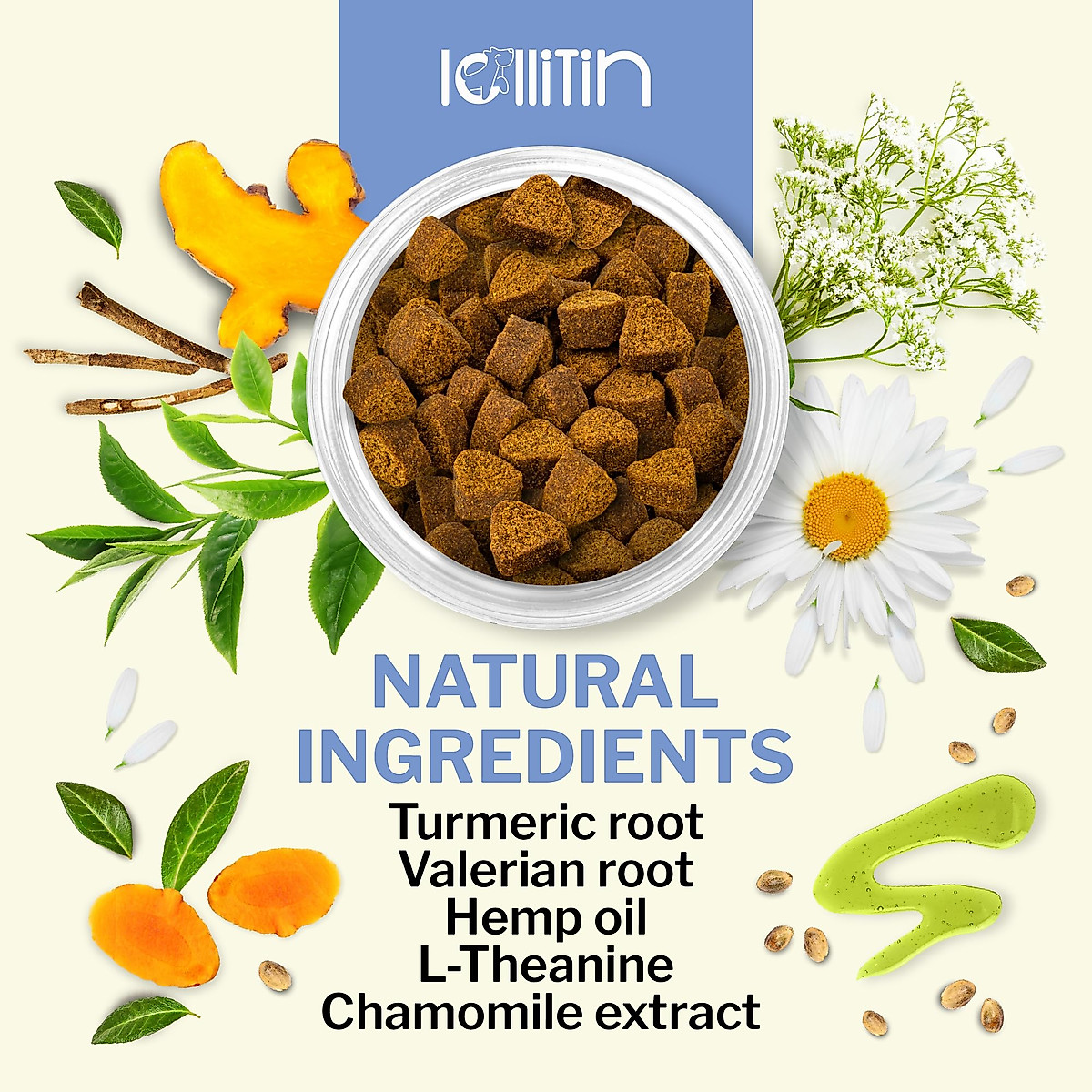 Lollitin Calming Chews for Dogs - Separation Anxiety, Grooming, Fireworks, Storms, Barking - Reduce Stress, Tension - All-Natural - Duck Flavor - 120 Chews - Small, Medium, Large Dogs, All Breeds