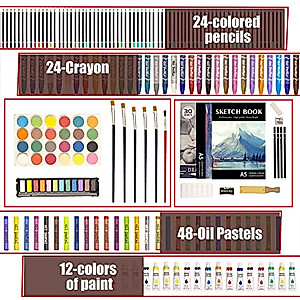 KINSPORY 168-Pack Art Supplies, Deluxe Wooden Art Set Crafts Drawing Painting Coloring Kit, Coloring Book, Sketch Pads Creative Gift Box for Artist Beginners Kids Girls Boys 5 6 7 8 9 10 11 12