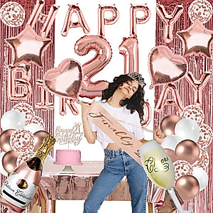 21st Birthday Decorations for Her - Rose Gold 21 Birthday Party Decor, Happy Birthday Banner, Table Cloth, Cake Topper, Bday Sash and Tiara Crown, Balloons Set for Twenty One Years Old Party Supplies