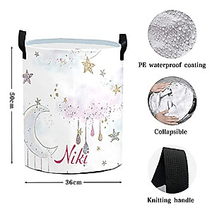 Moon Stars Round Storage Basket Personalized Name Laundry Basket Waterproof Nursery Hamper with Handle for Living Room Bedroom and Clothes