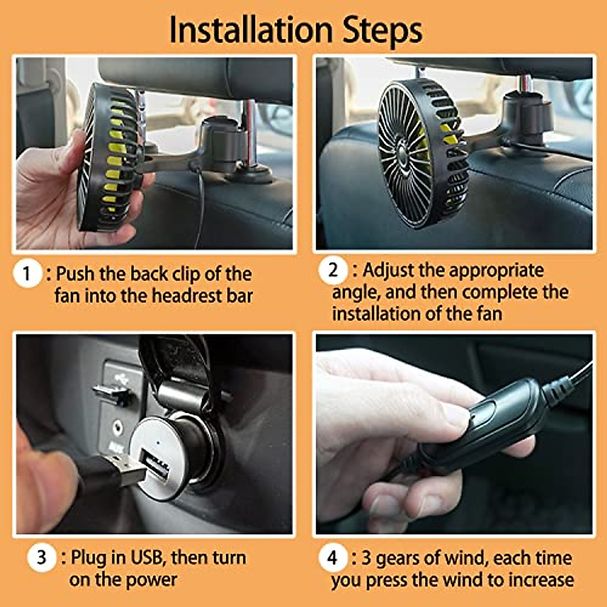 KINOWJI Electric Car Cooling Fan, USB Backseat Auto Rear Seat Fan 3 Speed Vehicle Clip Fan with 5 Piece Fan Blades for Car Vehicle Truck Van SUV RV Boat Bus
