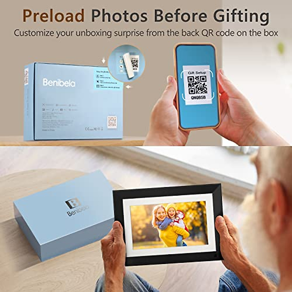 Digital Picture Frame - Benibela 10.1 Inch 2.4G/5G Dual WiFi FHD 1920 * 1200 AI Smart Electronic Photo Frame, Touch Screen, 32GB, AI Recognition, 2 Filter, Slideshow, Share Video via Email App USB