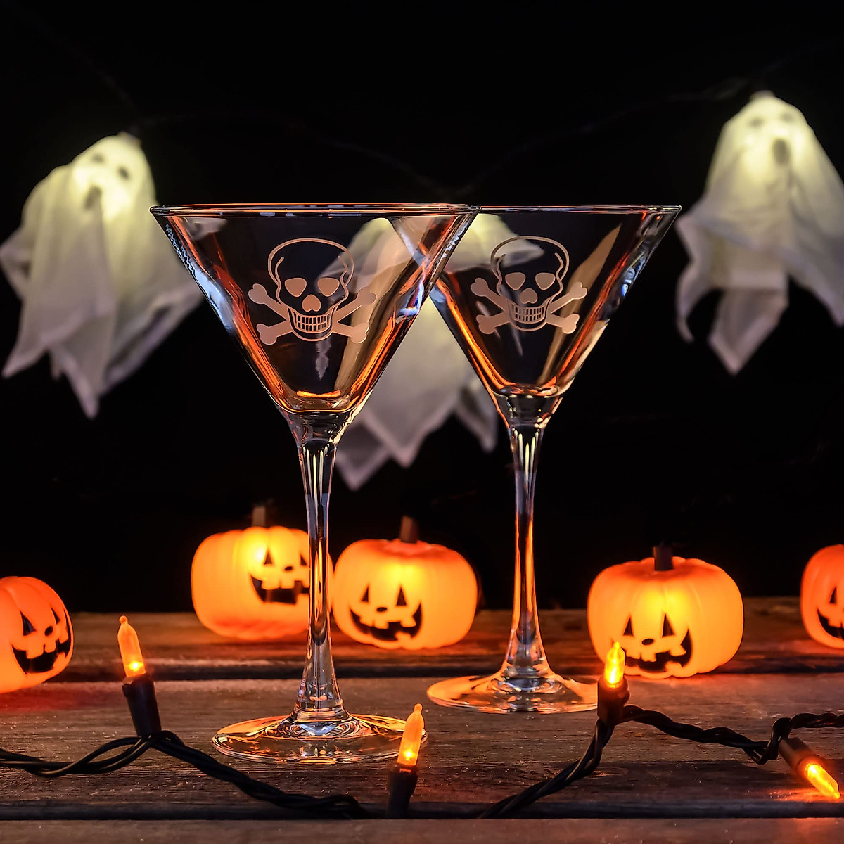 Rolf Glass Skull and Cross Bone Martini Glass - Set of 2 Stemmed 10 ounce Martini Glasses - Lead-Free Glass - Etched Cocktail Glasses - Made in the USA