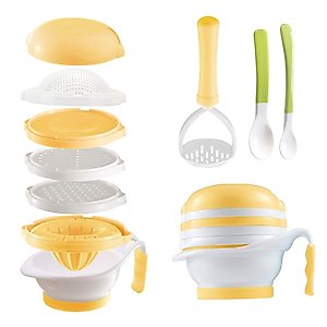 Matyz Versatile Baby Food Maker Set - Toddler Food Mills with Mash Bowl, Hand Masher, Citrus Juicer, Grater - Making Homemade Baby Food - Fruits and Vegetables Masher - BPA Free (Yellow)
