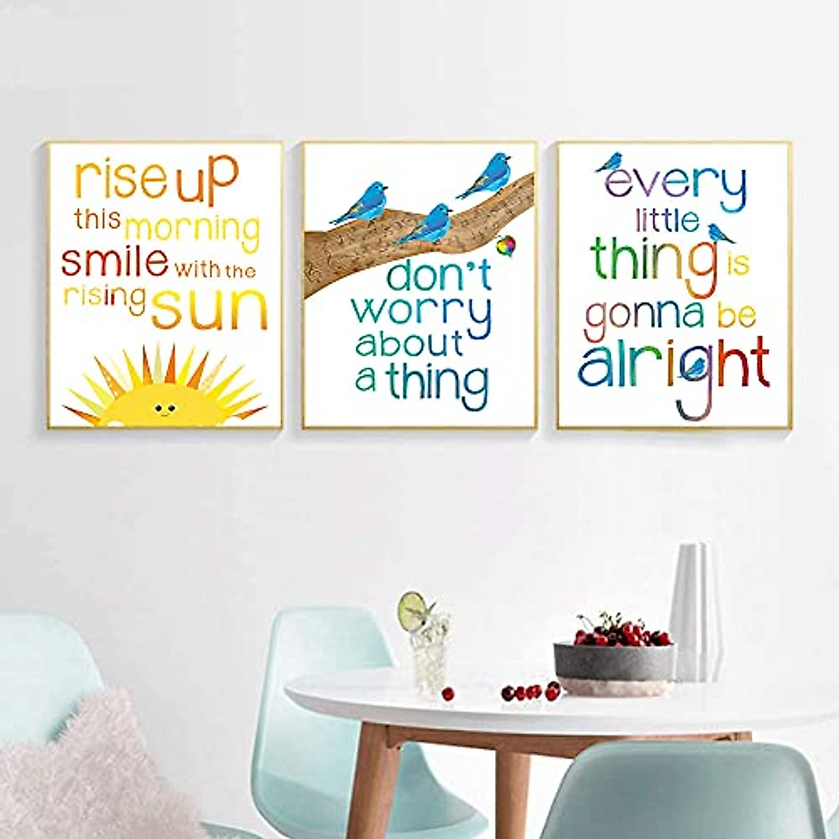 SEOLLX Watercolor Birds Inspirational Quote Art Print，Three little Birds Wall Art Set of 3（ 8 x10 ）Posters Don't Worry, Every Little Thing is Gonna be Alright,Motivational Typography Saying with Birds Canvas Wall Art Printing for Office Classroom Decor