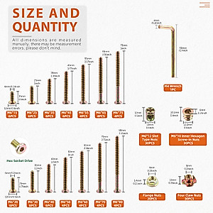 Rustark 181Pcs M6 x 15-80mm Crib Screws Hardware Replacement Kit Zinc Plated Hex Socket Head Cap Bolts Thread Nutsert Barrel Nuts T-Nuts and Flange Nuts Assortment Kit for Crib Beds Furniture