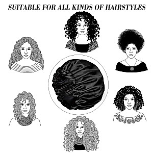 Satin Bonnets, Adjustable Satin Bonnets for Women, Double Layer Large Sleeping Silk Bonnet, Soft Sleep Bonnet for Women Girls Curly Natural Hair Night Sleep Cap(Black)