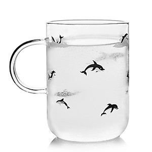 ELITEA Glass Mug with Handle Clear Cute Coffee Mugs Tea Cup with Dolphin Print 16.3oz