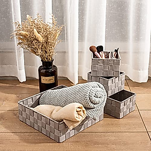 ELONG HOME Woven Basket, Handmade Small Storage Basket with Durable Metal Frame, Woven Storage Basket for Organizing, Set of 4, Grey