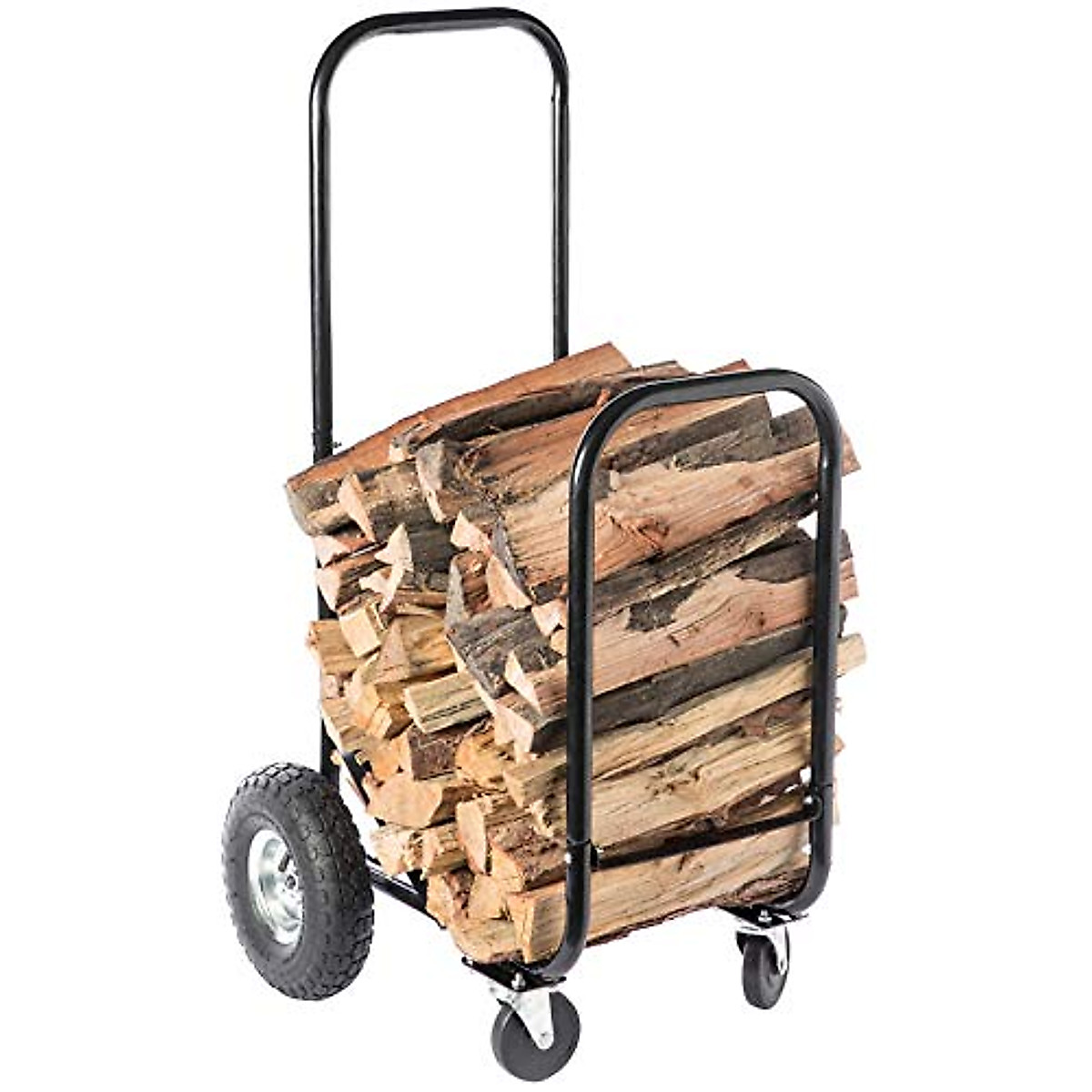 Gardenised Black Firewood Rack Outdoor Indoor, Heavy Duty Firewood Carrier with Front Wheels Wood Fireplace Tool Rack, Rolling Storage Cart Cover Included