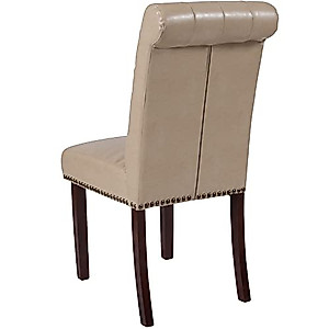 Flash Furniture Set of 6 Hercules Series Beige LeatherSoft Parsons Chairs with Rolled Back, Accent Nail Trim and Walnut Finish