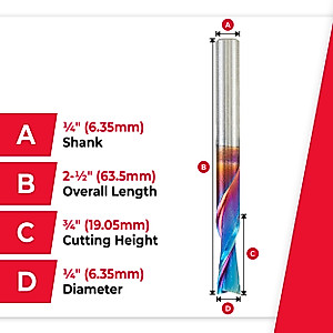 Amana Tool 46202-K Solid Carbide Spiral Plunge Router Bit Down Cut 1/4 Dia x 3/4 x 1/4 Inch Shank, Spektra Extreme Tool Life Coated